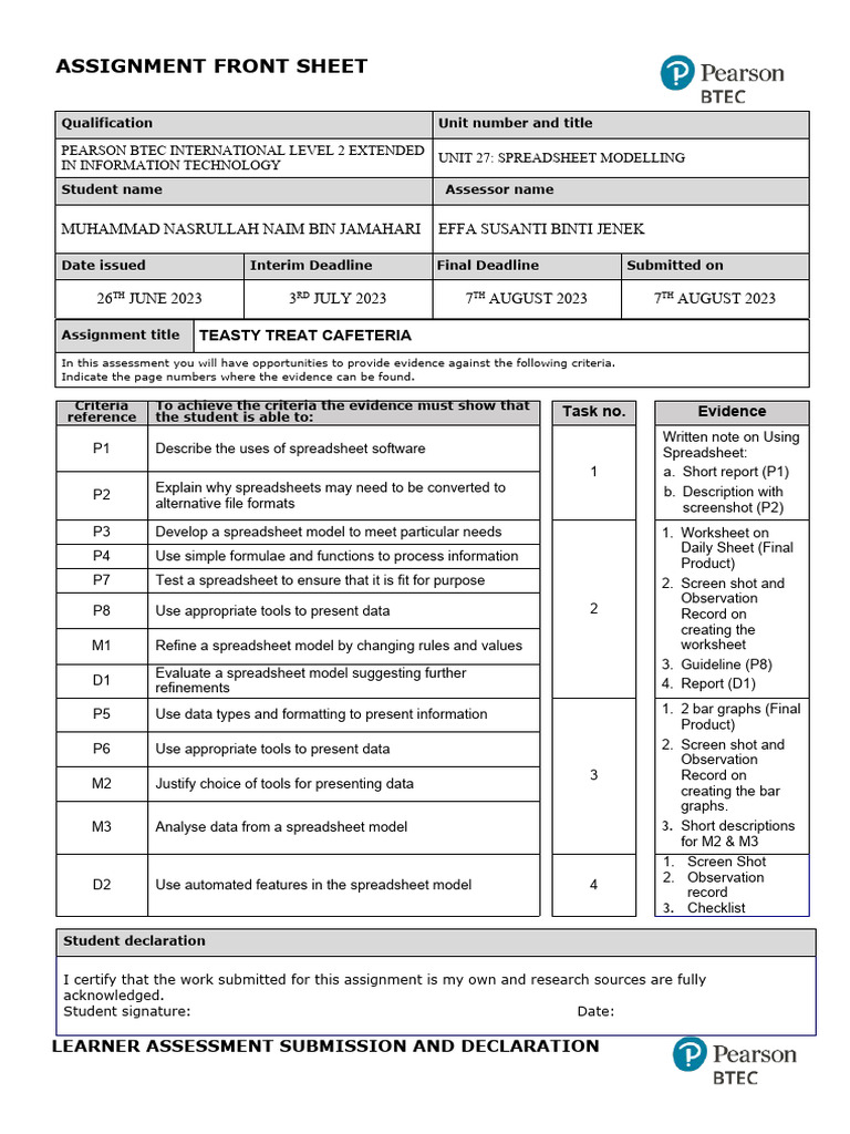 2023 Unit 27 Learner Document | PDF | Spreadsheet | Worksheet