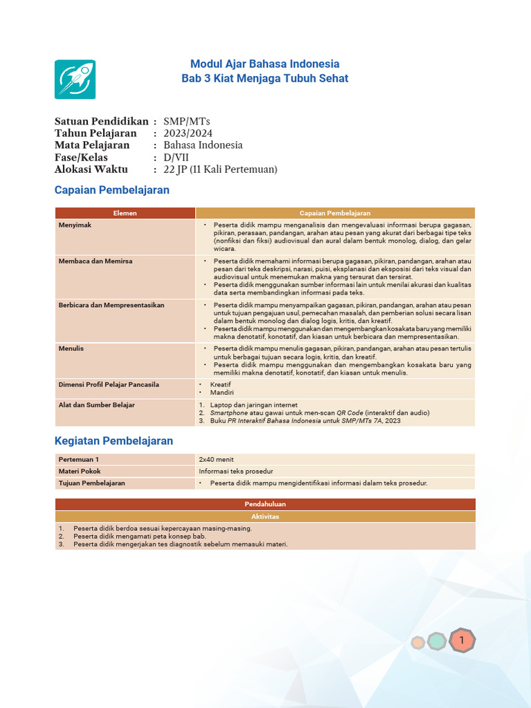 Modul Ajar PR Bahasa Indonesia 7A 2023-2024 Bab 3 | PDF | Karier & Perkembangan | Seni
