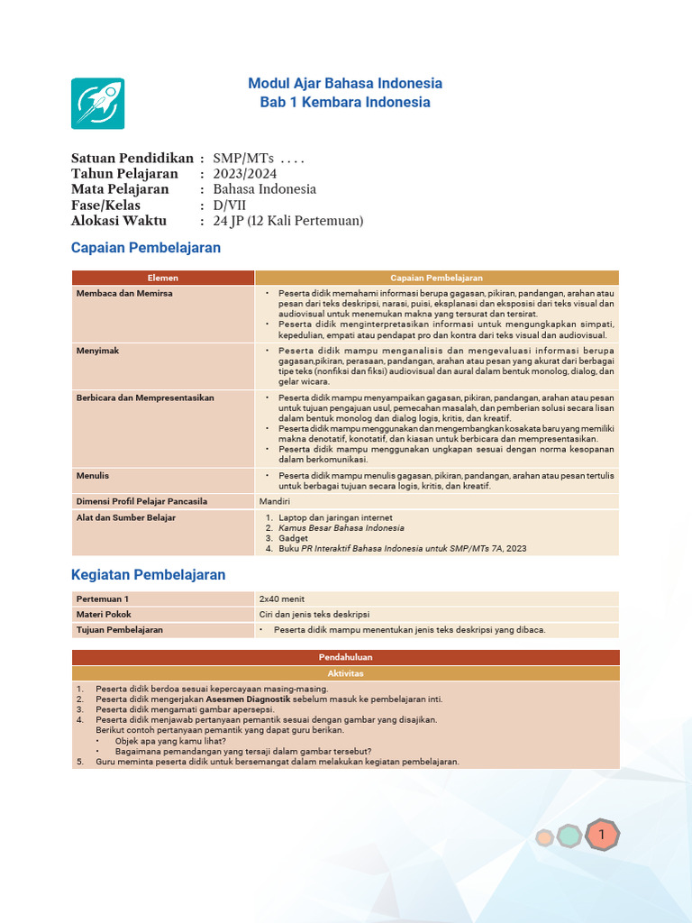 Modul Ajar PR Bahasa Indonesia 7A 2023-2024 Bab 1 | PDF