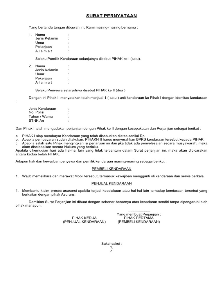 Surat PERNYATAAN PEMBELIAN KENDARAAN | PDF