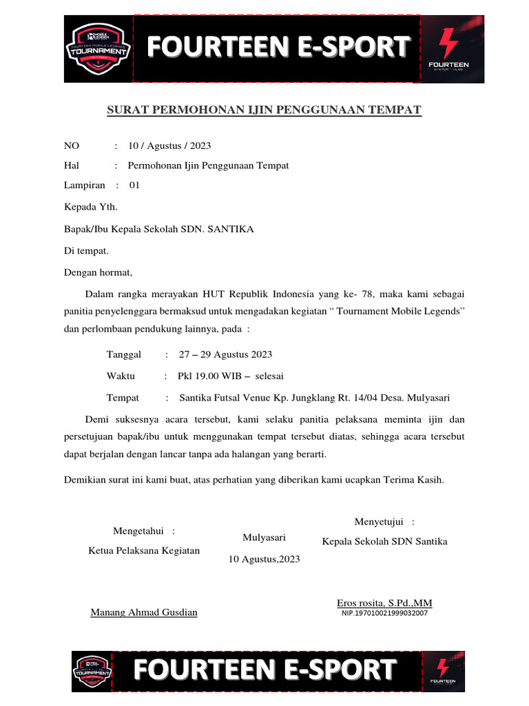 Surat Permohonan Ijin Penggunaan Tempat | PDF