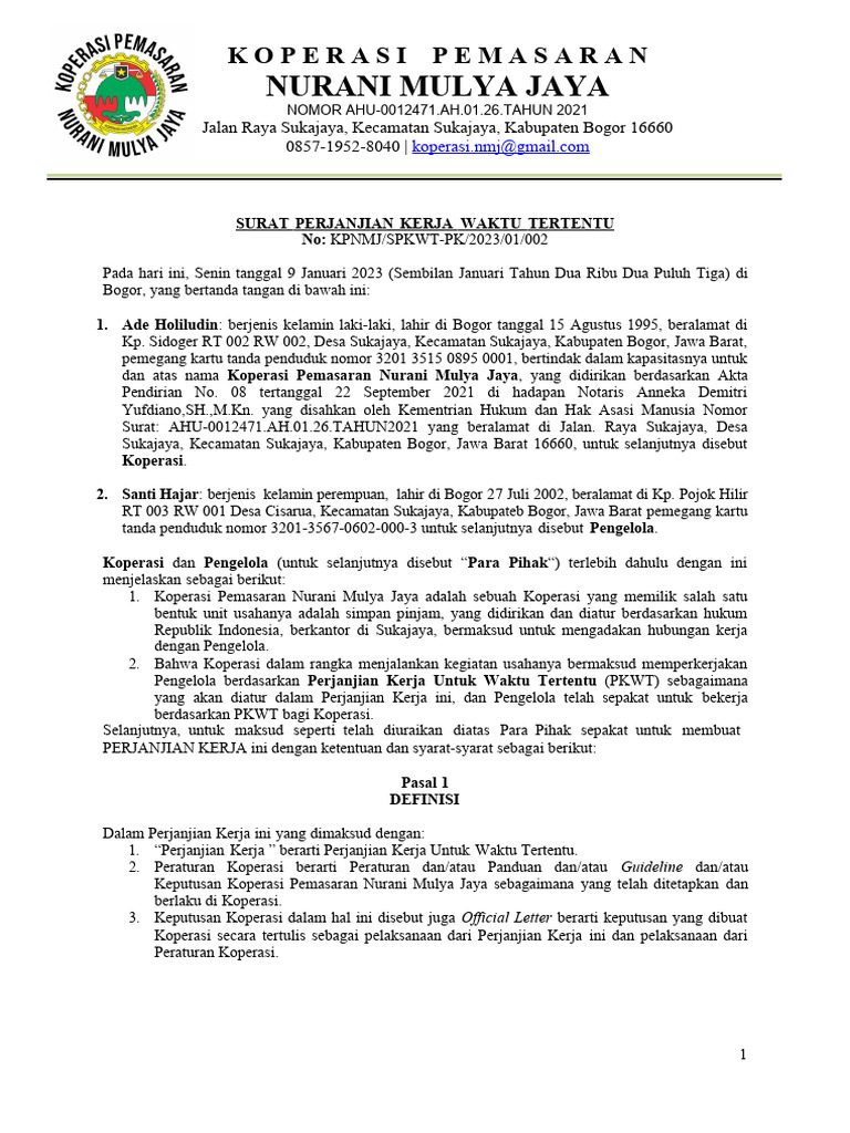 Perjanjian Kerja Koperasi NMJ | PDF