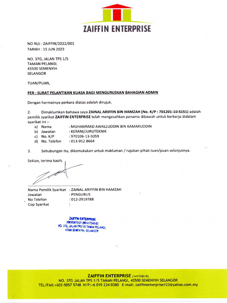 Surat Lantikan Ejen Zaiffin | PDF