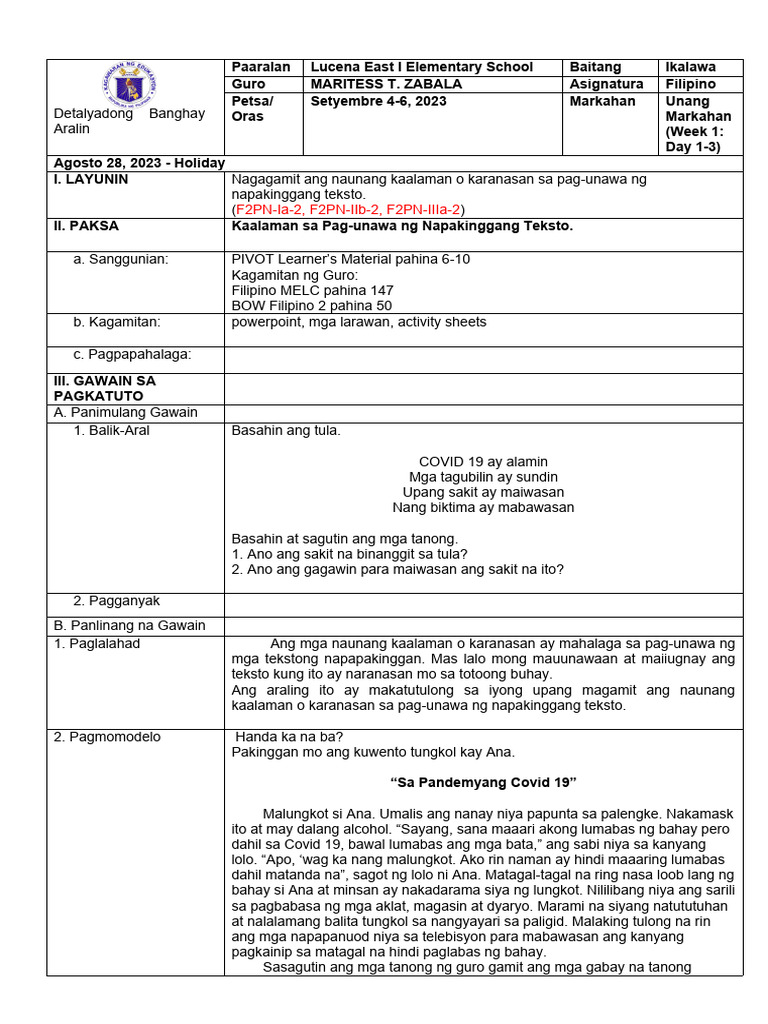 Q1 Fil 2 Week 1 Day - 1 3 | PDF