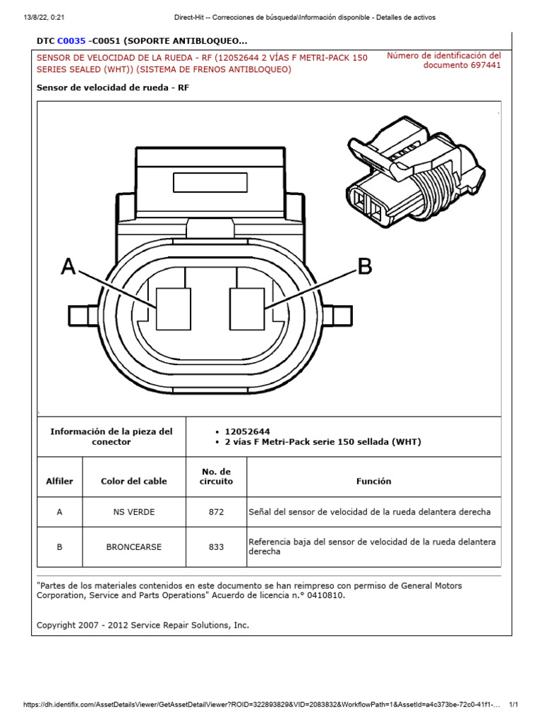 Pontiac Aztek 2001. Sensor de Velocidad de Rueda - RF | PDF