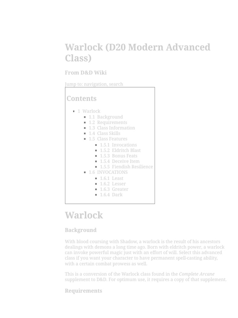 Warlock (D20 Modern Advanced Class) - D&D Wiki | PDF