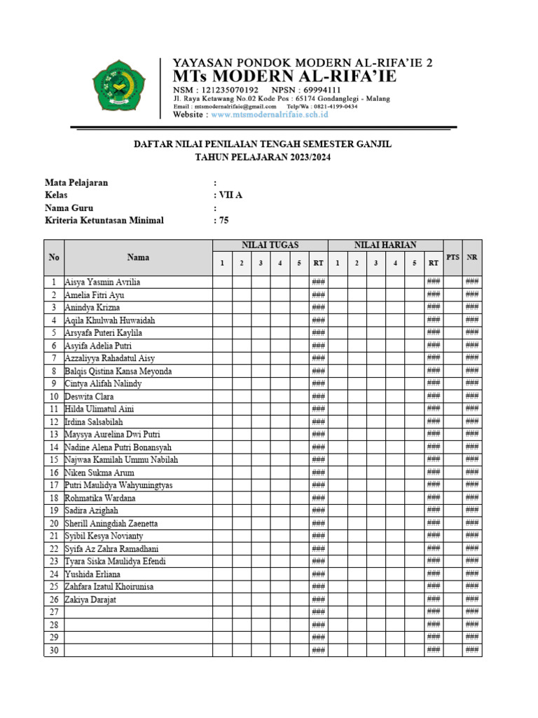 Format Nilai Formal Pts Ganjil 23-24 | PDF