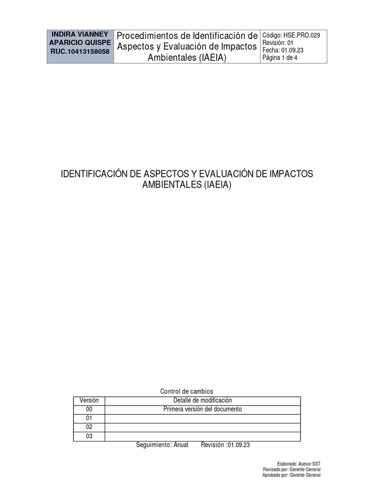 HSE - PRO.029 Procedimiento de Identificacion de Aspectos y Evaluacion de Impactos Ambientales ...