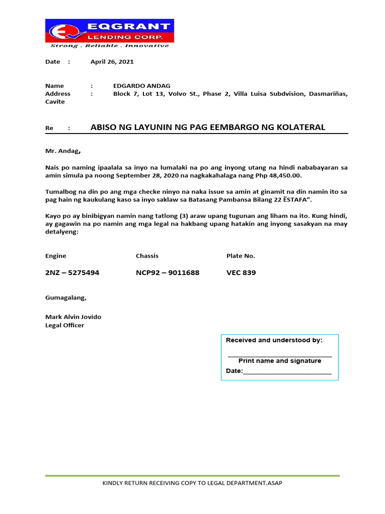 notice of repossession - WITH PDC | PDF