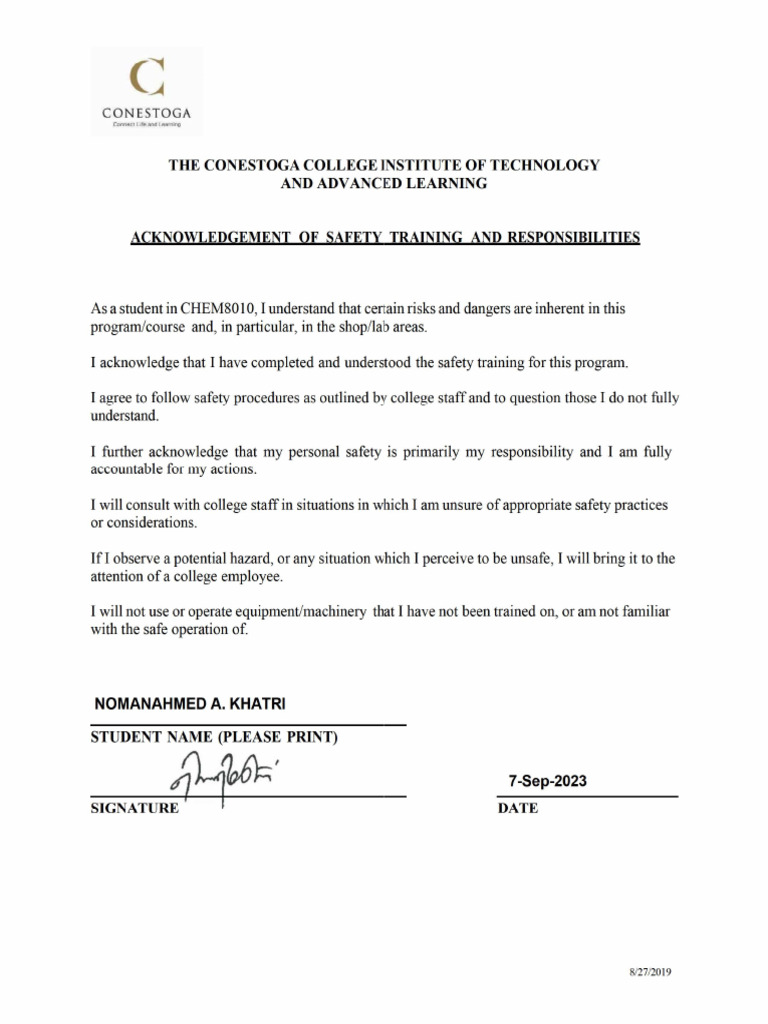 Lab Safety Acknowledgement - Signed | PDF