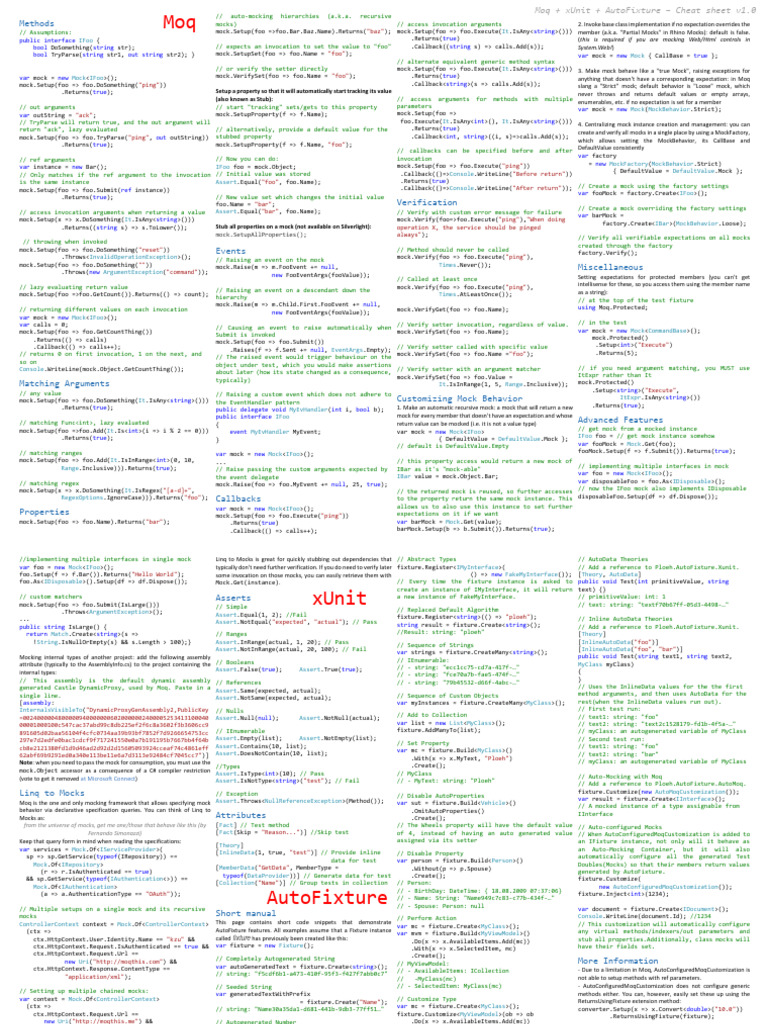 Cheatsheet Moq XUnit AutoFixture | PDF Cheatsheet Moq XUnit AutoFixture | PDF