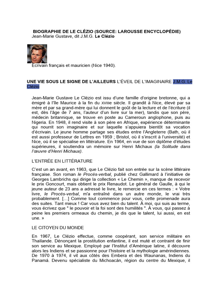 Biographie de J.M.G. Le Clézio | PDF