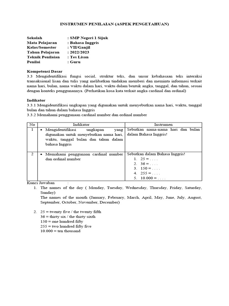 INSTRUMEN PENILAIAN TES LISAN Kls 7 | PDF