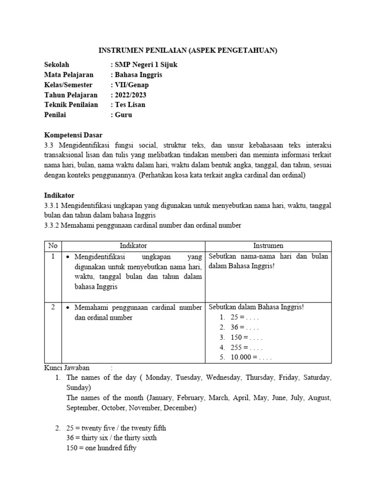 INSTRUMEN PENILAIAN TES LISAN Kls 7 Genap | PDF