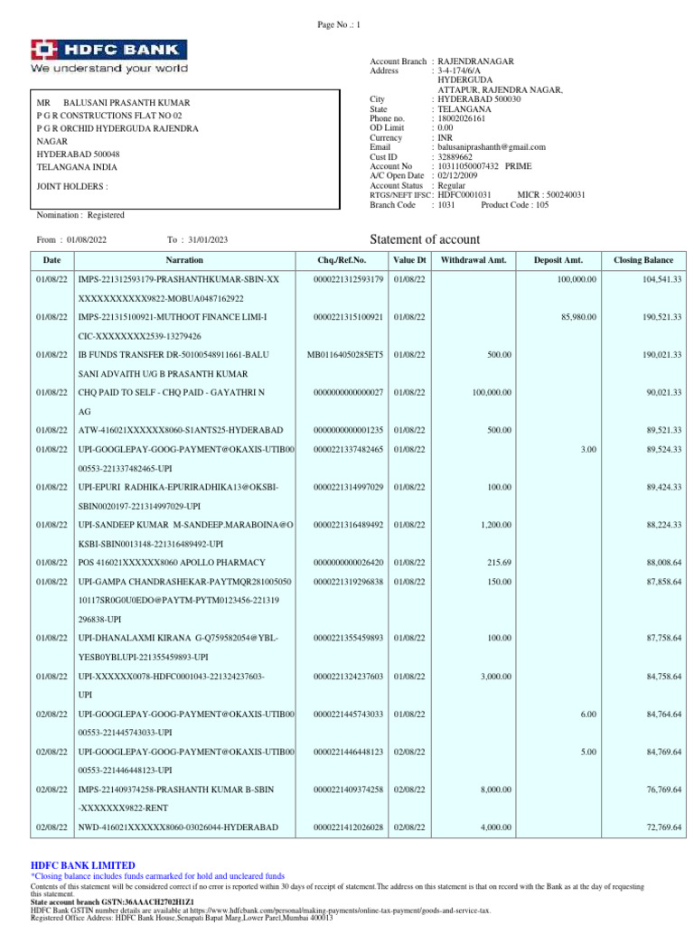 Statement of Account: Date Narration Chq./Ref - No. Value DT Withdrawal Amt. Deposit Amt ...