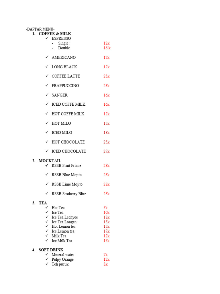 Daftar Menu Cafe RS Setiabudi | PDF