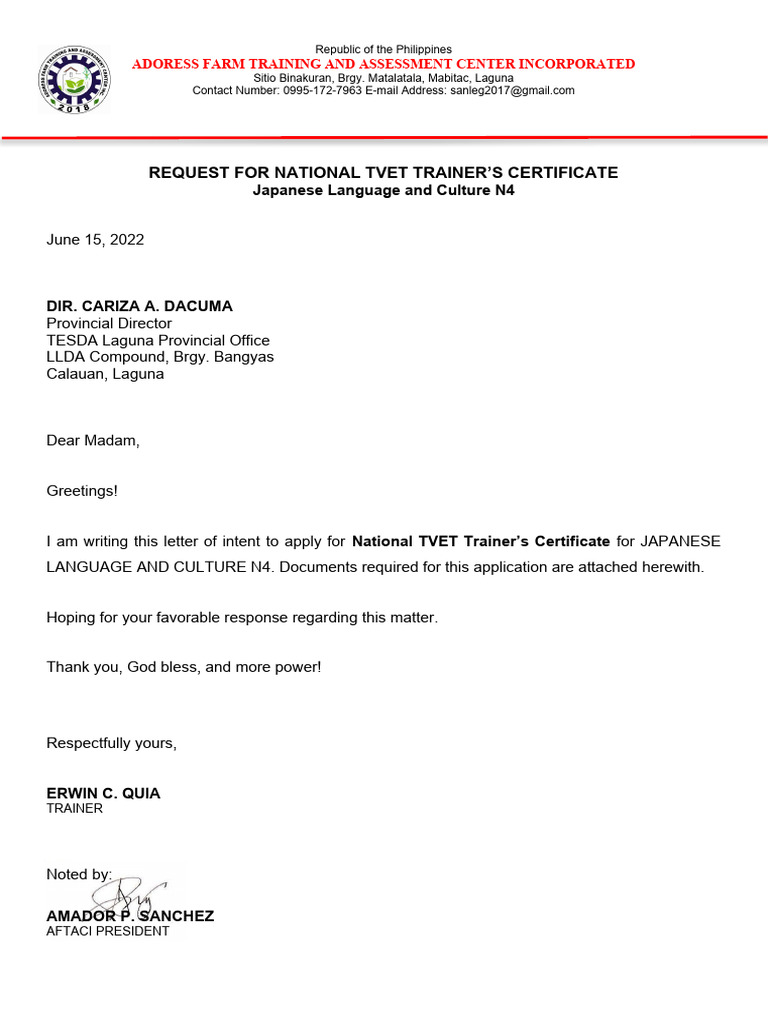 Letter-of-Intent-for-NTTC-N4 | PDF