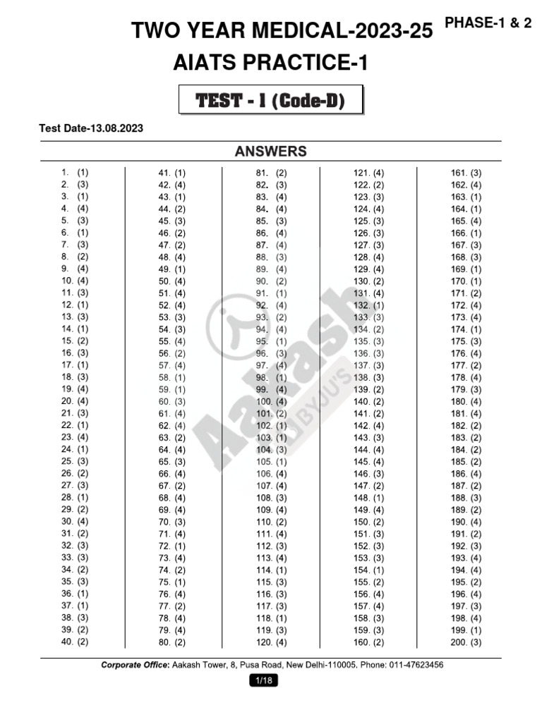 AIATS Medical_TYM-Practice test-1_13.08.2023_Sol | PDF
