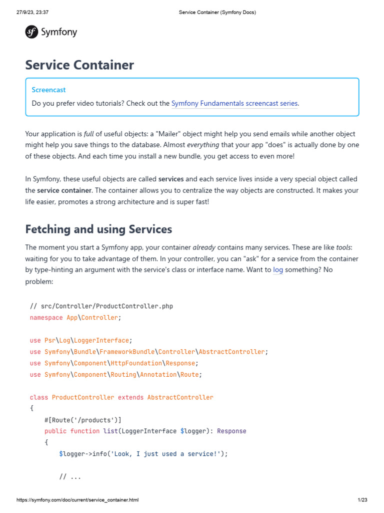 Service Container Symfony Docs Pdf Class Computer Programming Parameter Computer 