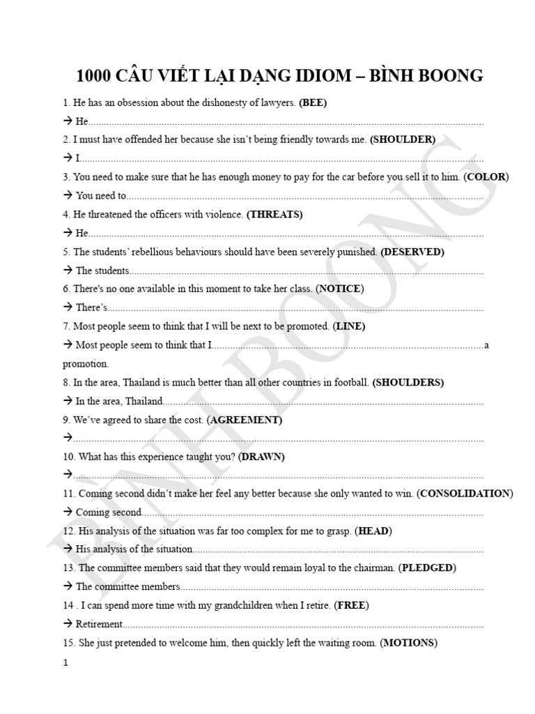 1000 Câu Viết Lại Dạng Idiom - BÌNH BOONG | PDF