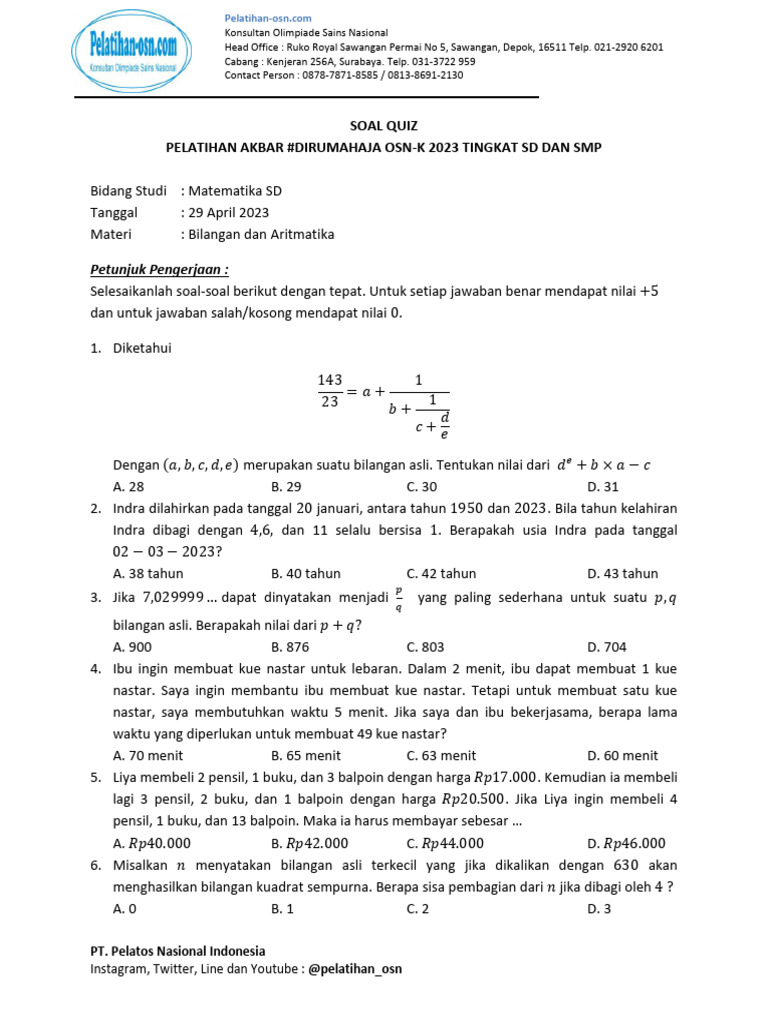 Quiz 1 Matematika Sd Pdf