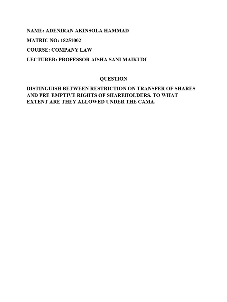 Share Transfer Restrictions vs. Pre-emptive Rights | PDF | Finance ...