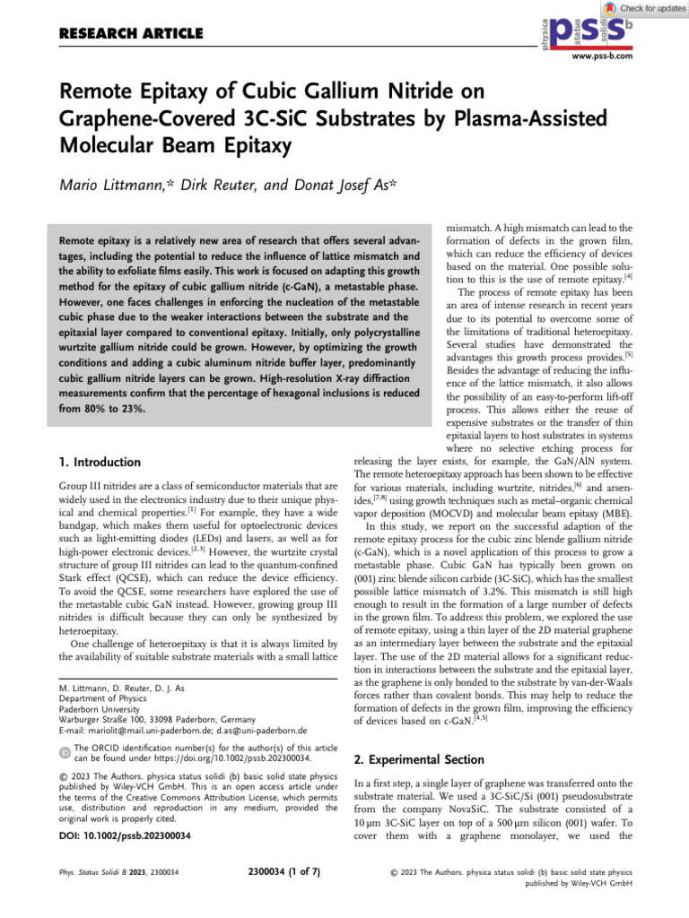 Physica Status Solidi B - 2023 - Littmann - Remote Epitaxy of Cubic ...