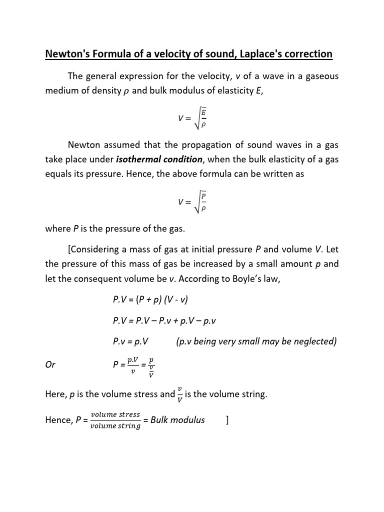 Newton's Formula of A Velocity of Sound, Laplace's Correction | PDF ...