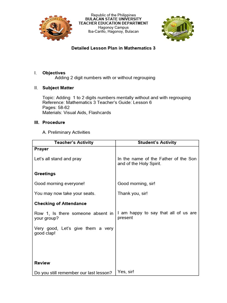 Detailed Lesson Plan: Adding Two-Digit Numbers | PDF | Behavior ...