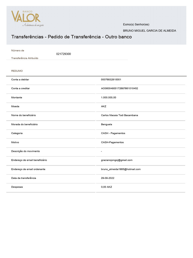 Pedido de Transferência - Banco Valor | PDF