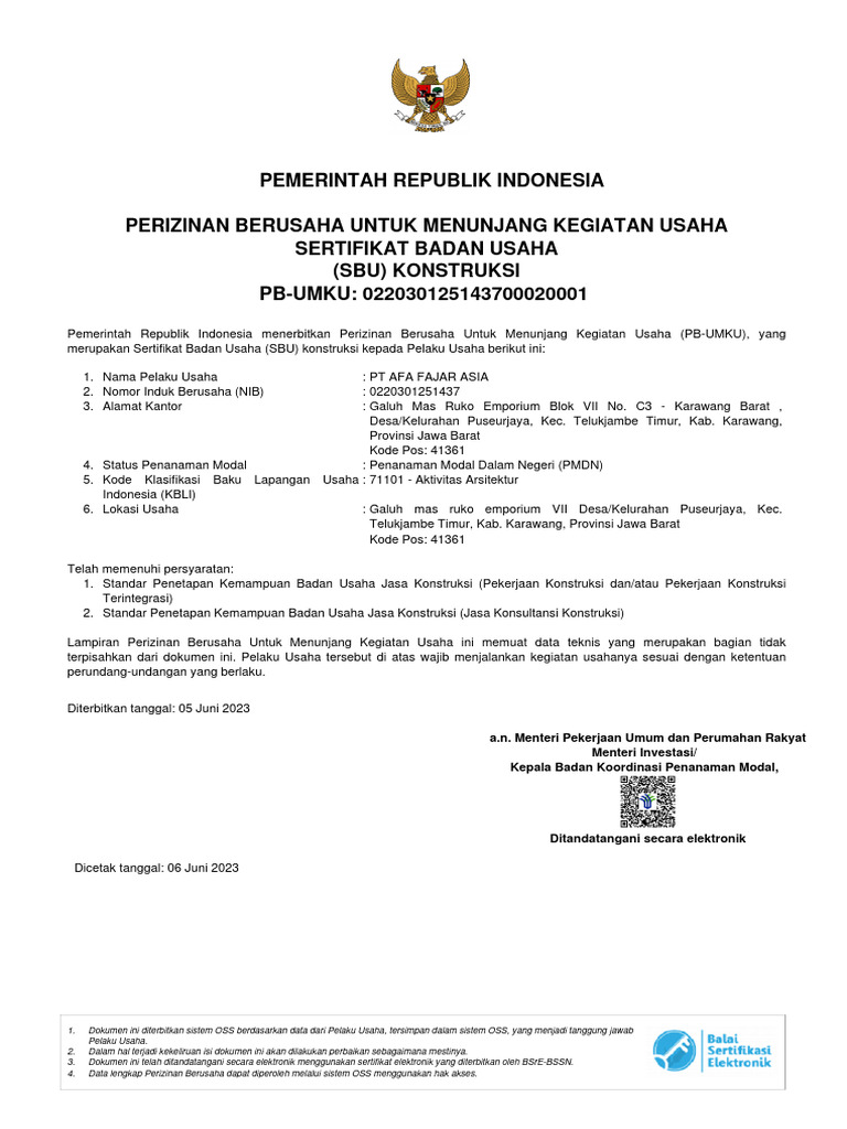SBU KBLI 71101 - Aktivitas Arsitektur - PT AFA | PDF