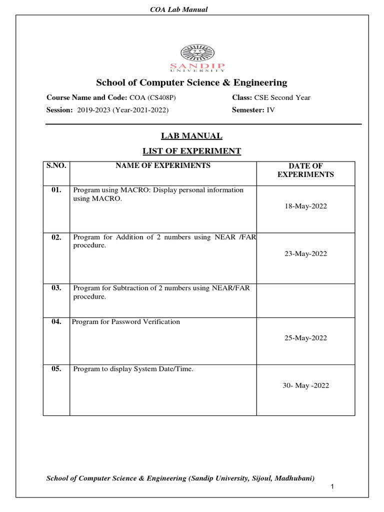 COA Lab Manual-1 | PDF | Assembly Language | Computer Program COA Lab Manual-1 | PDF | Assembly Language | Computer Program