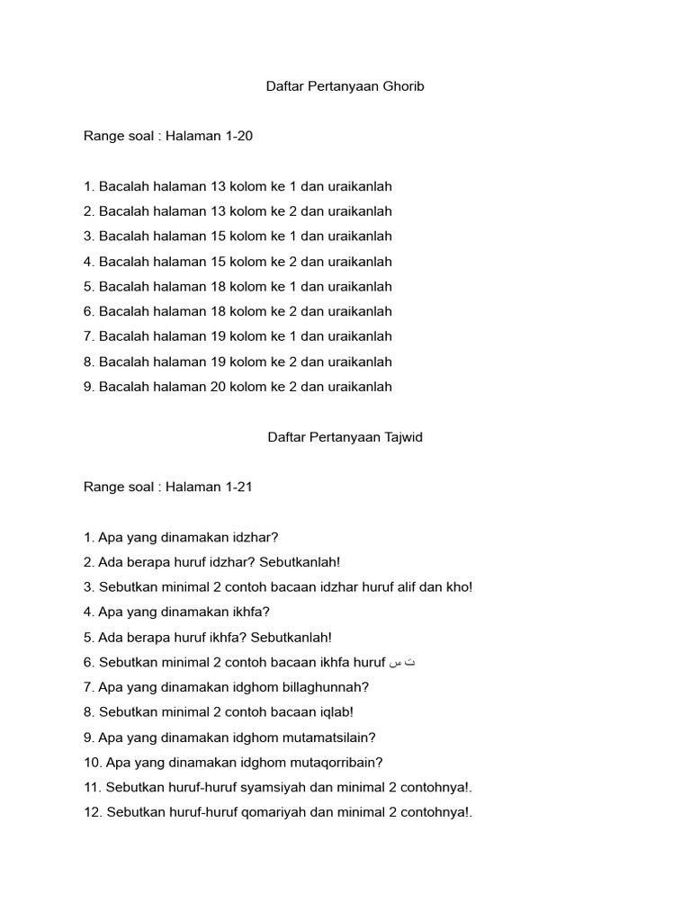Daftar Pertanyaan Ghorib Dan Tajwid | PDF