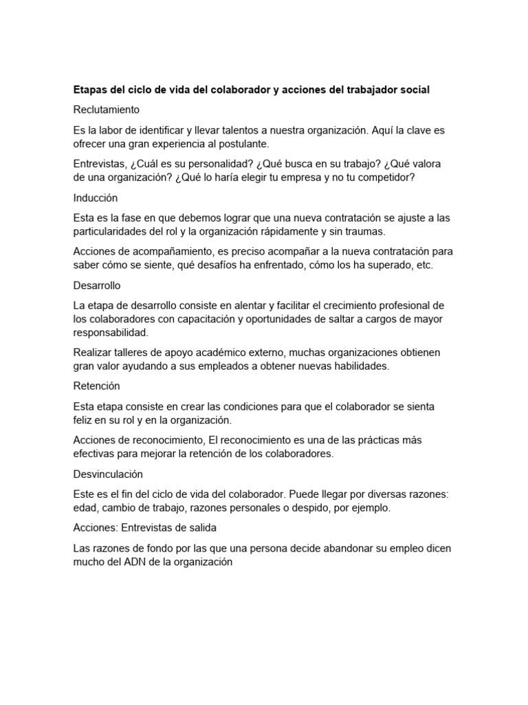 Etapas Del Ciclo de Vida Del Colaborador y Acciones Del Trabajador Social | PDF