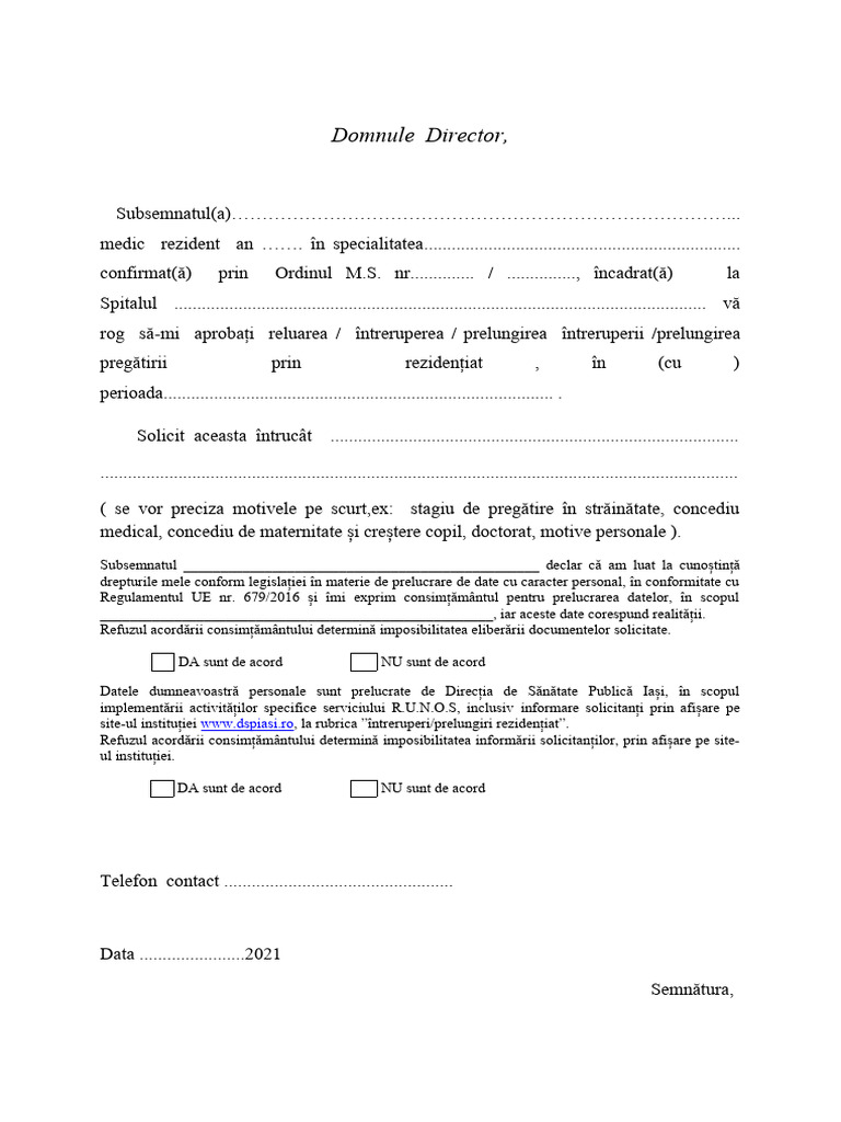 Model Cerere Întrerupere Prelungire Reluare Rezidențiat | PDF