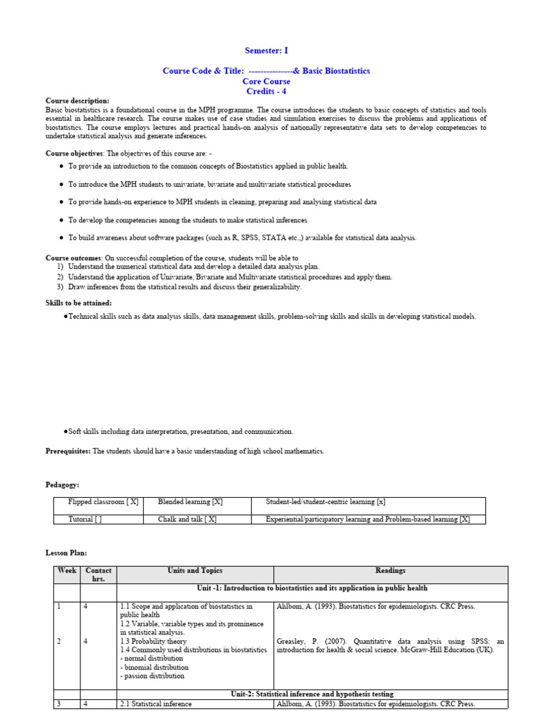 Basic Biostatistics Syllabus MPH 2022-2024 | PDF | Statistics ...