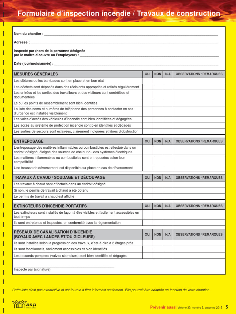 Fiche d'inspection incendie chantier | PDF