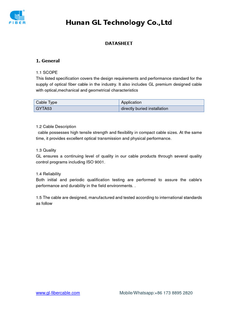 GYTA53-4F Fiber Optic Cable Specification - GL | PDF