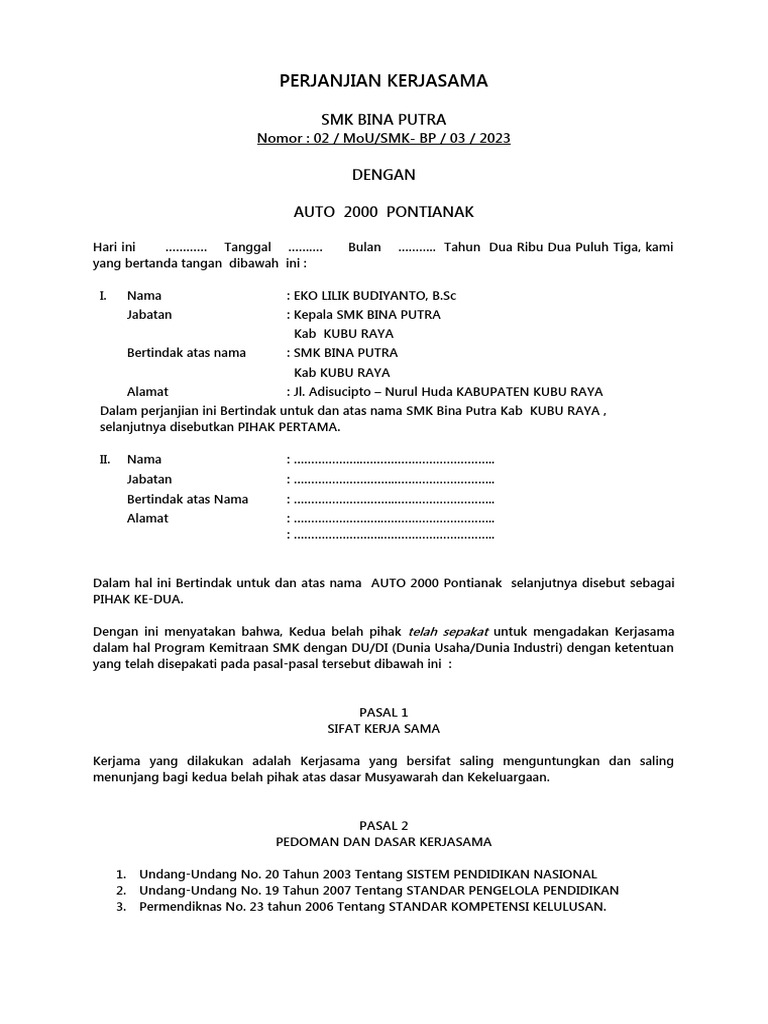 MoU SMK BINA PUTRA DG AUTO 2000 | PDF MoU SMK BINA PUTRA DG AUTO 2000 | PDF