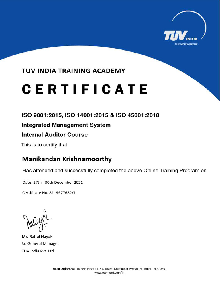 ISO Internal Auditor Course Certificate | PDF