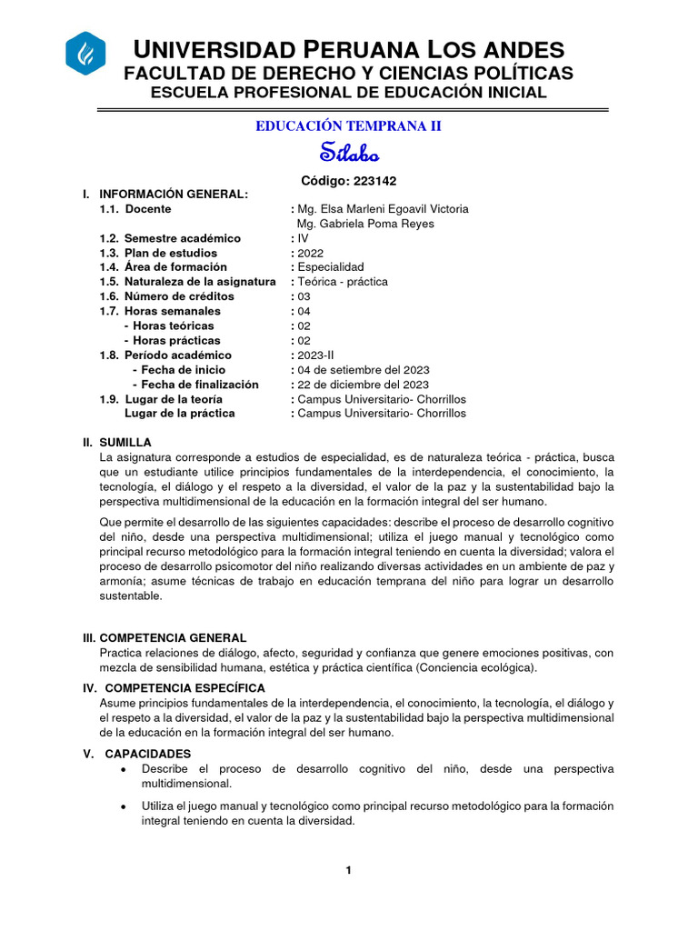 Sílabo de Educación Temprana II - 223142 | PDF