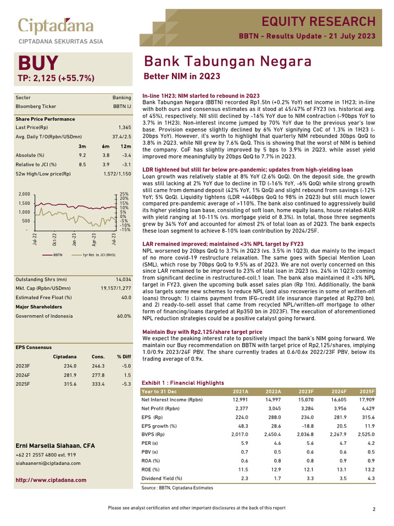 BBTN 2Q23 Results: NIM Rebound, Buy Recommendation | PDF | Banks | Market Liquidity