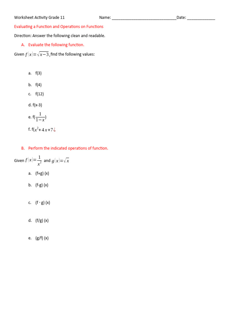 Grade 11 Function Evaluation Worksheet | PDF
