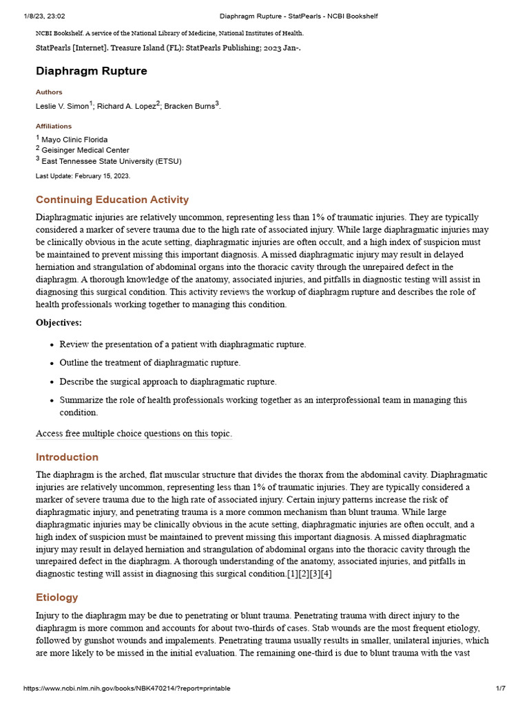 Diaphragm Rupture | PDF | Injury | Causes Of Death