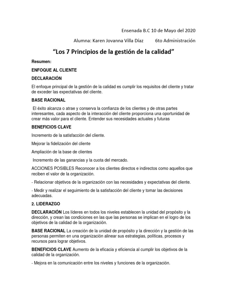 Resumen de Los 7 Principios de La Gestión de La Calidad | PDF | Gestión de la calidad | Racionalidad