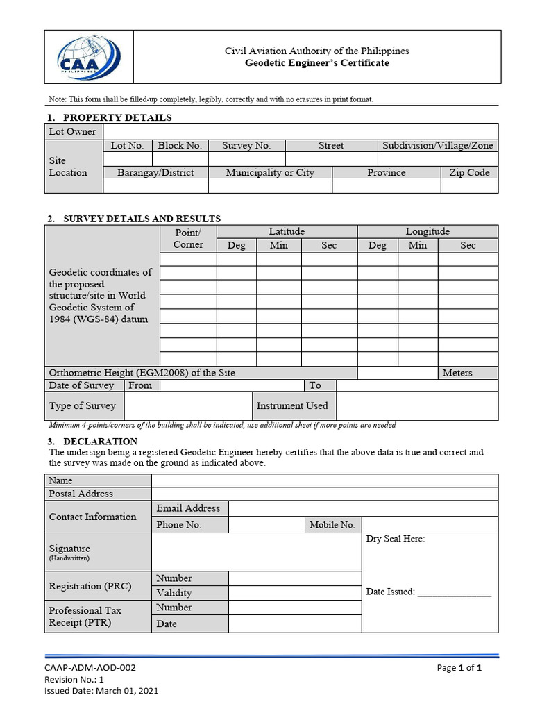 Geodetic Engineer's Certificate (CAAP-ADM-AOD-002) | PDF