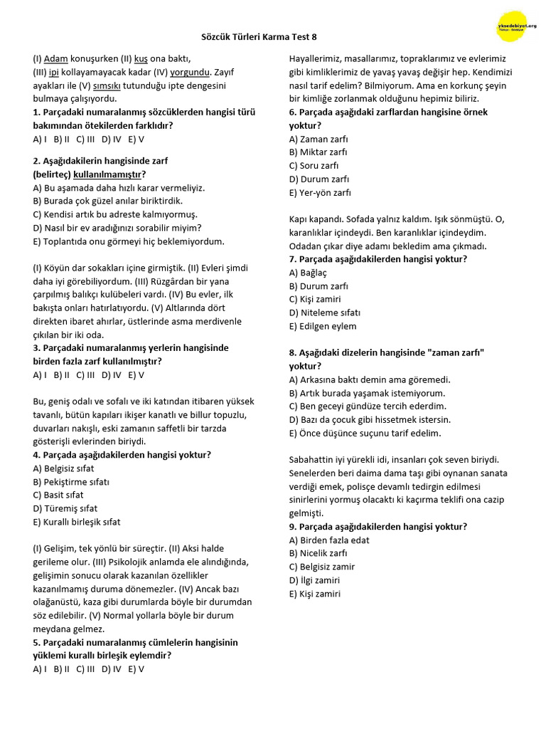 Sözcük Türleri Karma Test 8 | PDF Sözcük Türleri Karma Test 8 | PDF