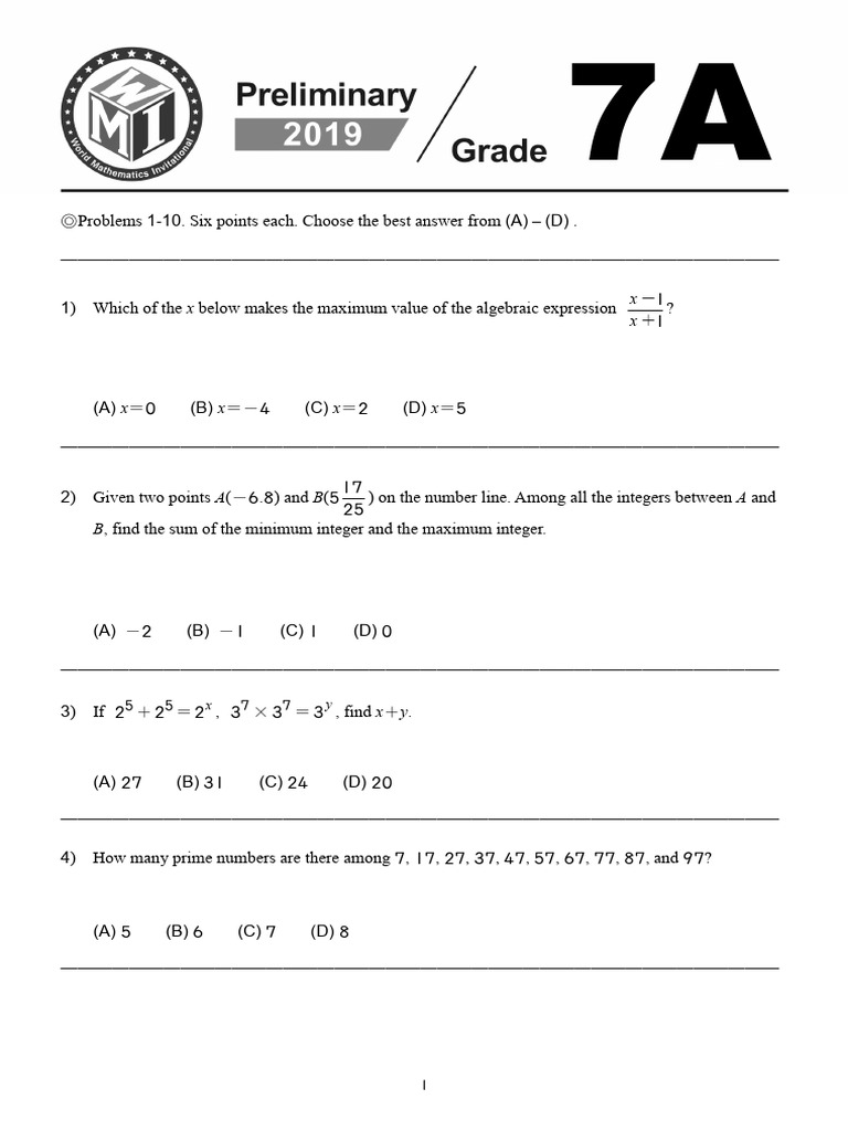 Grade 7 Mathematics Contest Questions | PDF