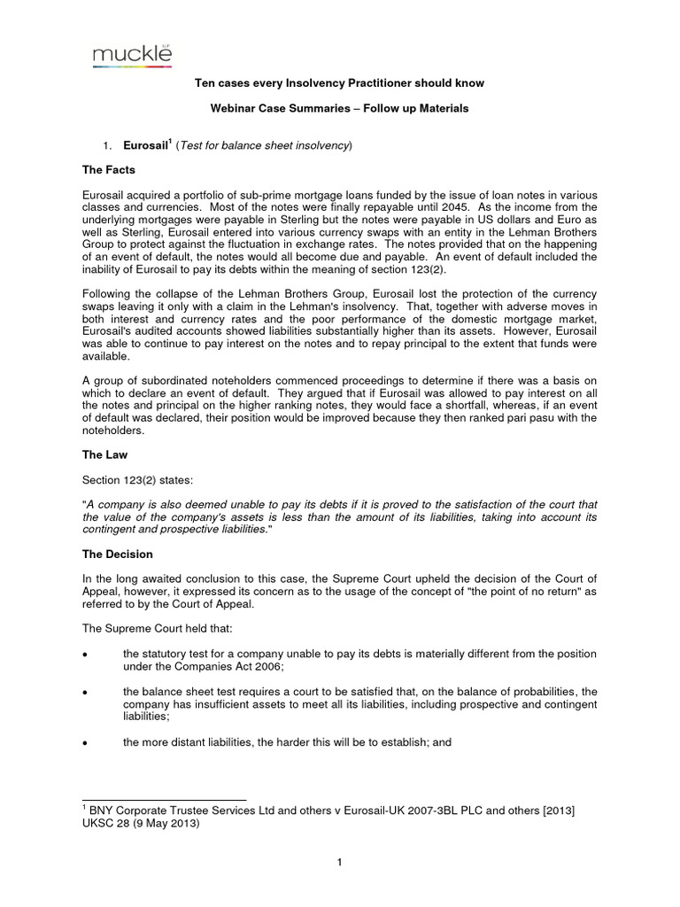 Key Insolvency Cases for Practitioners | PDF
