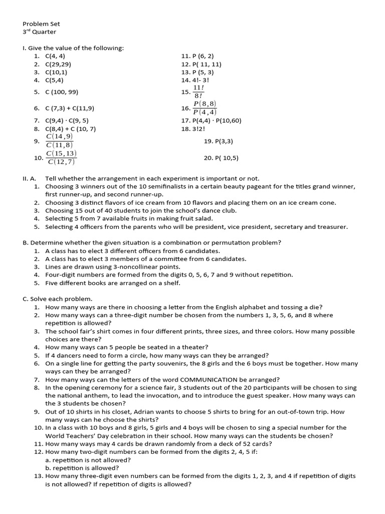 3rd Quarter Problem Set | PDF